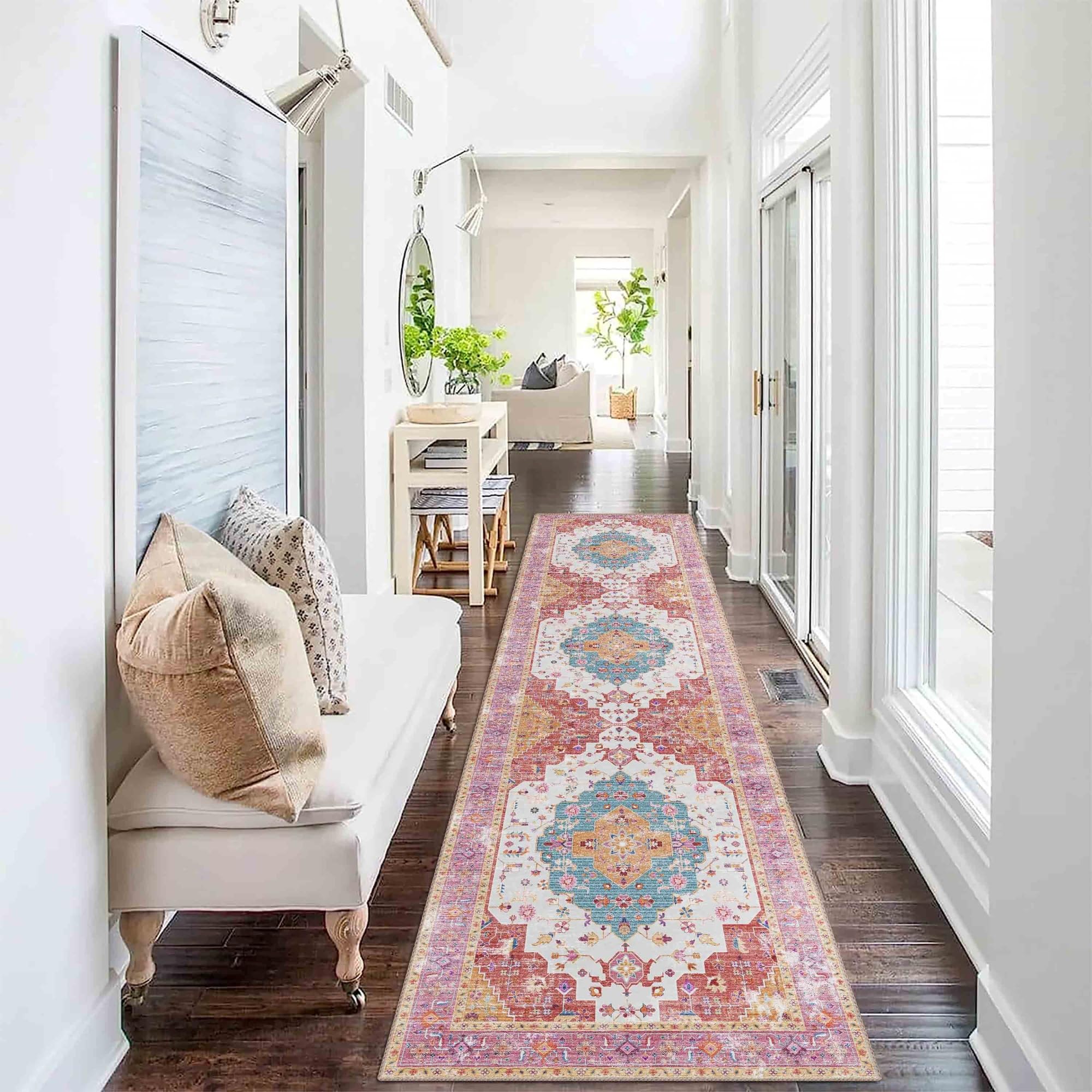 Poeti Washable Runner Rug 2x12, Non Slip Runners for Hallways, Ultra-Soft Carpet Runner Kitchen Runner Rug with Rubber Backing, Laundry Room Rug (Pink)