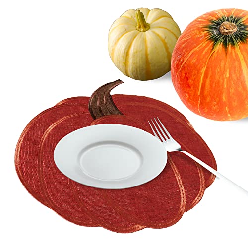 OWENIE Fall Placemats Set of 4, Embroidered Harvest Pumpkins Placemats, Thanksgiving Placemats for Autumn Decorations, Boho Farmhouse Table Mats, Halloween Doilies, Red, 15 Inch Diecut