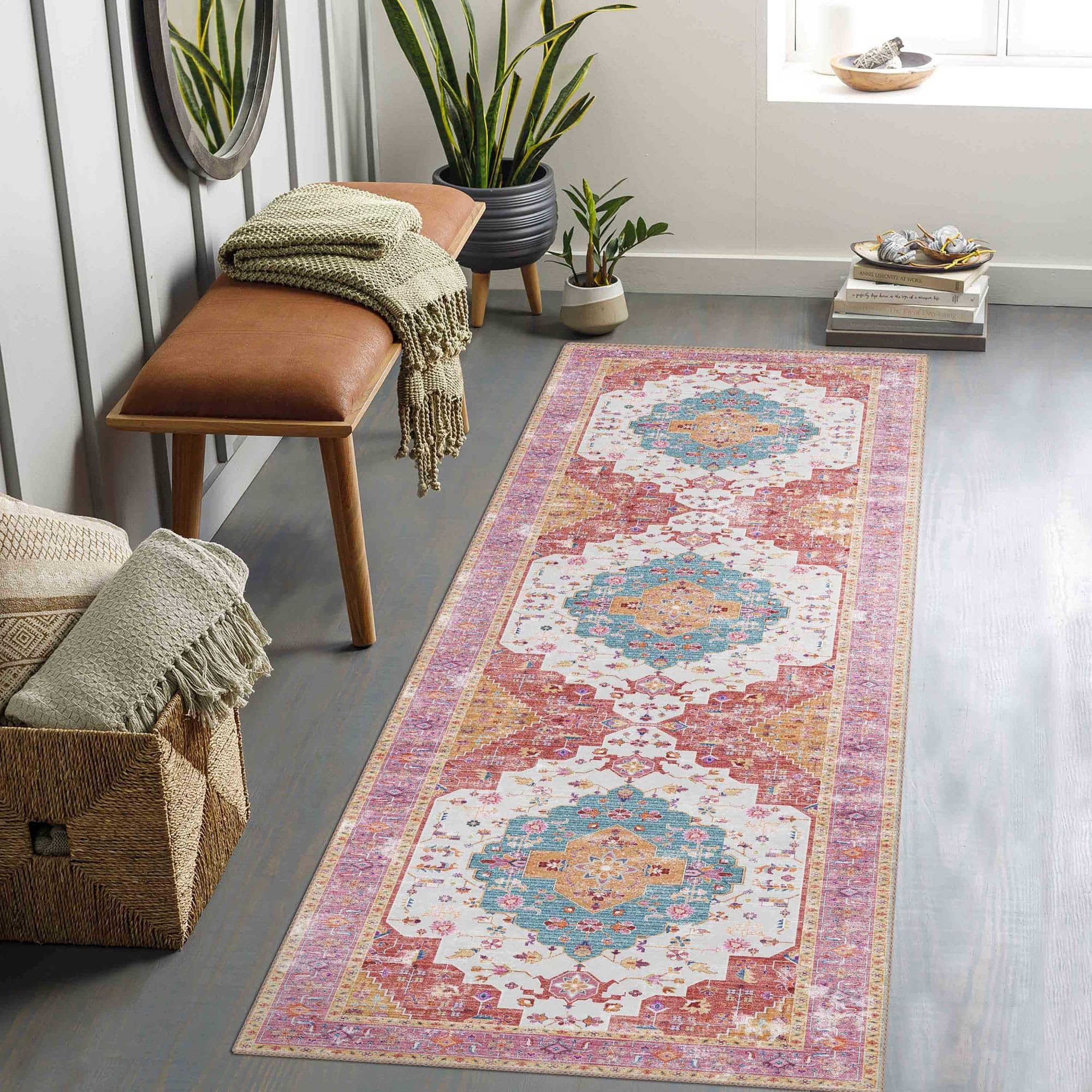 Poeti Washable Runner Rug 2x12, Non Slip Runners for Hallways, Ultra-Soft Carpet Runner Kitchen Runner Rug with Rubber Backing, Laundry Room Rug (Pink)