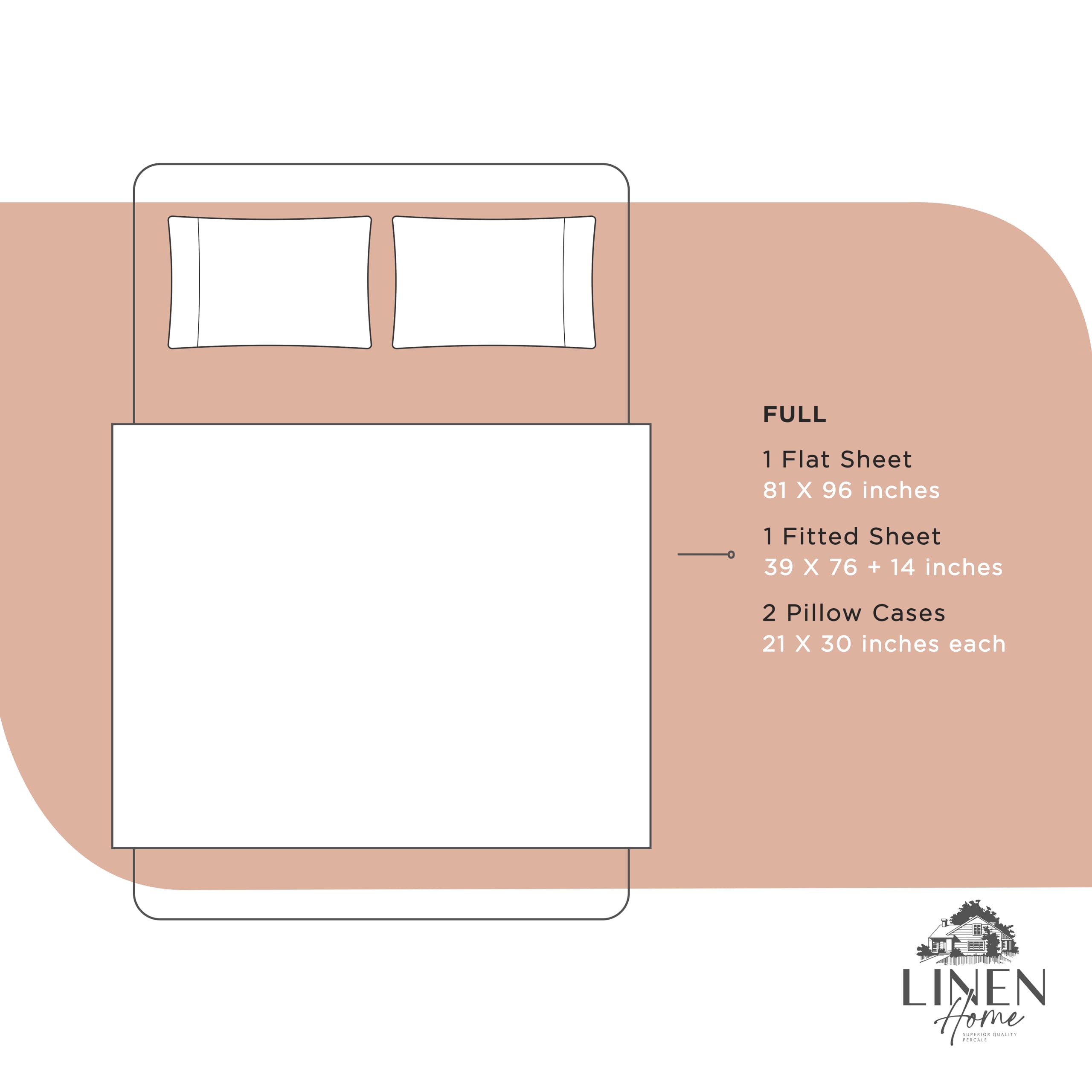 Linen Home 100% Cotton Percale Sheets Full Size, Tera Clay, Deep Pocket, 4 Pieces Set - 1 Flat, 1 Deep Pocket Fitted Sheet and 2 Pillowcases, Crisp Cool and Strong Bed Linen
