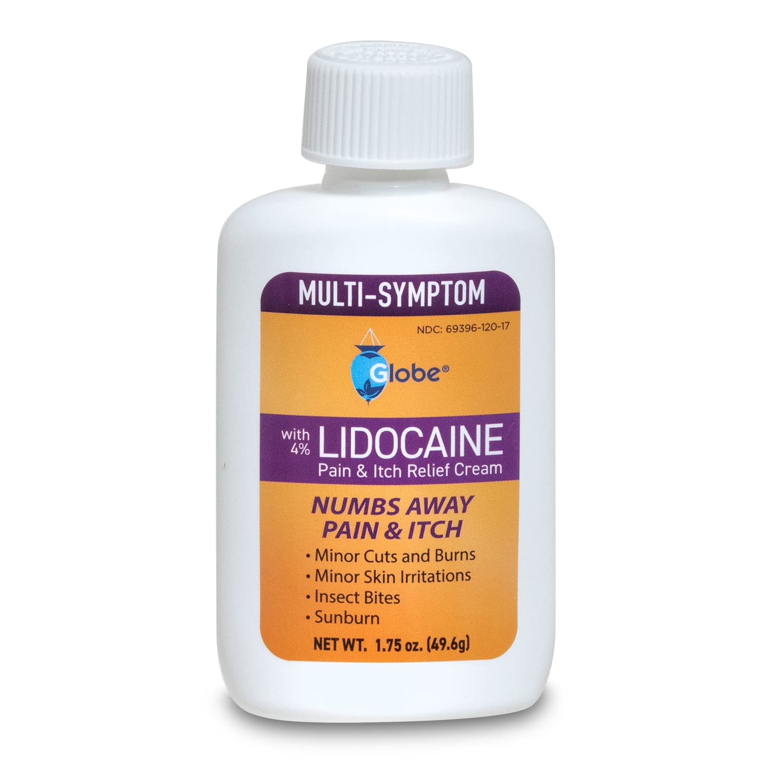 Globe Lidocaine 4% Multi-Symptom Relief Cream 1.75 oz, Numbs Away Pain & Itch, Steroid Free Non-Greasy Formula (Compare to Gold Bond w/Lidocaine)
