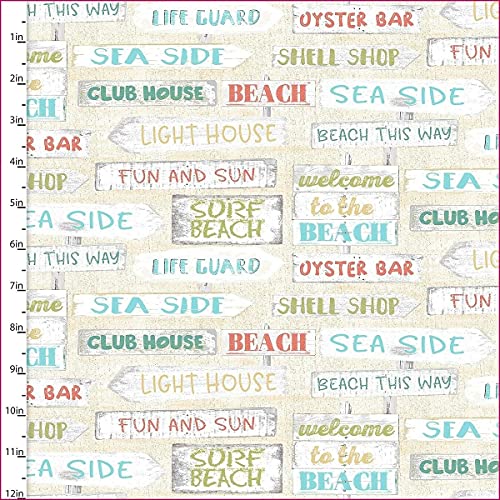 Alina Natetkova - 3 Wishes Fabric - Nautical Beach Travel Signs on Cream - Cotton - By the Yard - Fabric for Crafts by Alina Natetkova