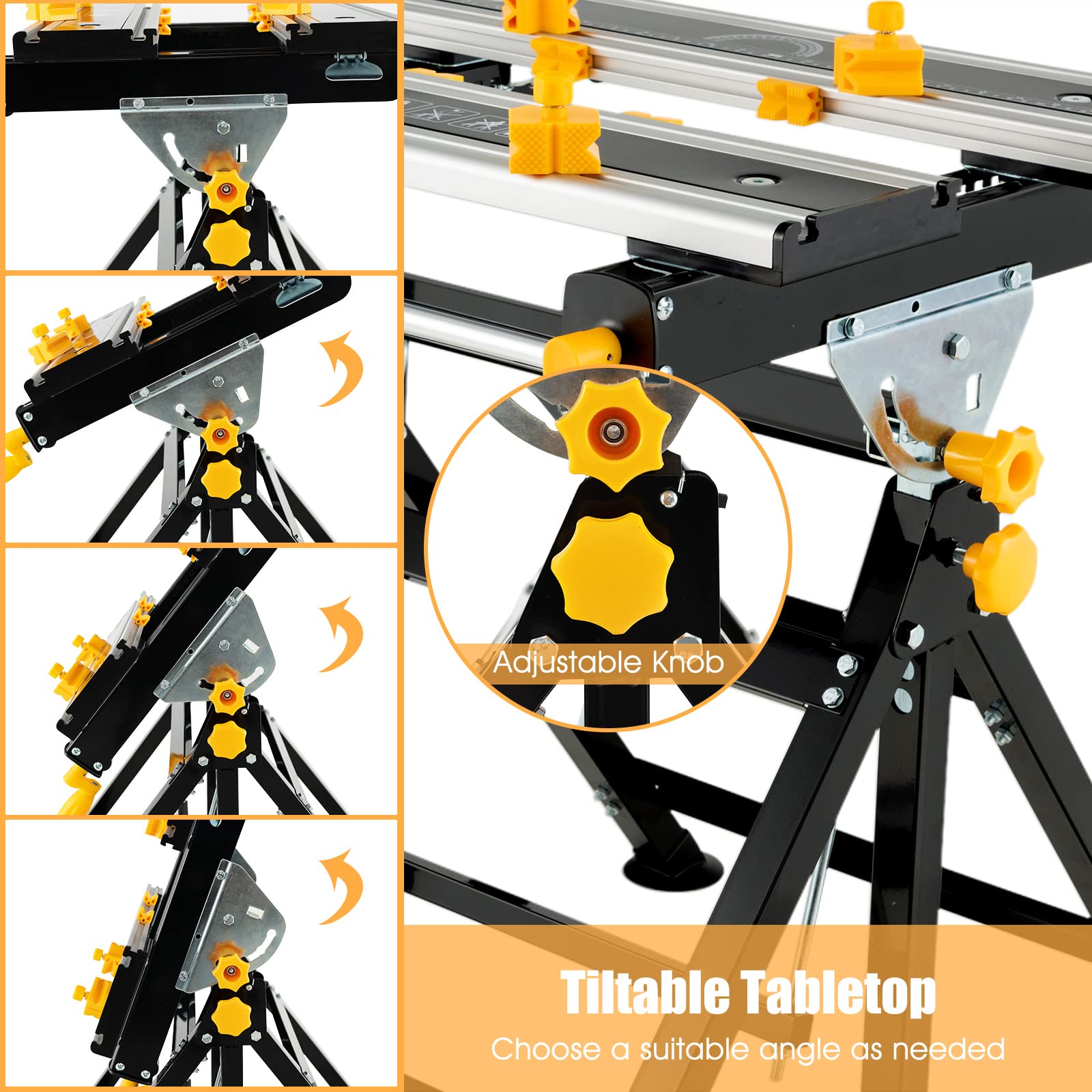 IRONMAX Portable Workbench, Folding Work Table with 7-Level Height Adjustable, 8 Sliding Clamps and Reclining, Folding Workbench and Vise for Cutting, Saw, Paint
