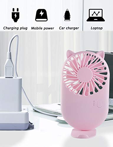 YUERR Portable Mini Fan Handheld Fans For Cooling Air 3 Speeds Adjustable USB Rechargeable Small Table Desk Fan Personal Quiet Eyelash Fan For Kids Women Men Home Office Travel(Pink Kitten)