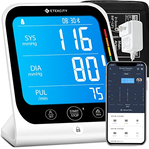 Blood Pressure Monitors for Home Use XL Cuff, Bluetooth Machine by Etekcity, FSA HSA Approved Products, Adjustable Cuff Large Upper Arm Friendly, Smart Unlimited Memories in App, Dual Power Sources
