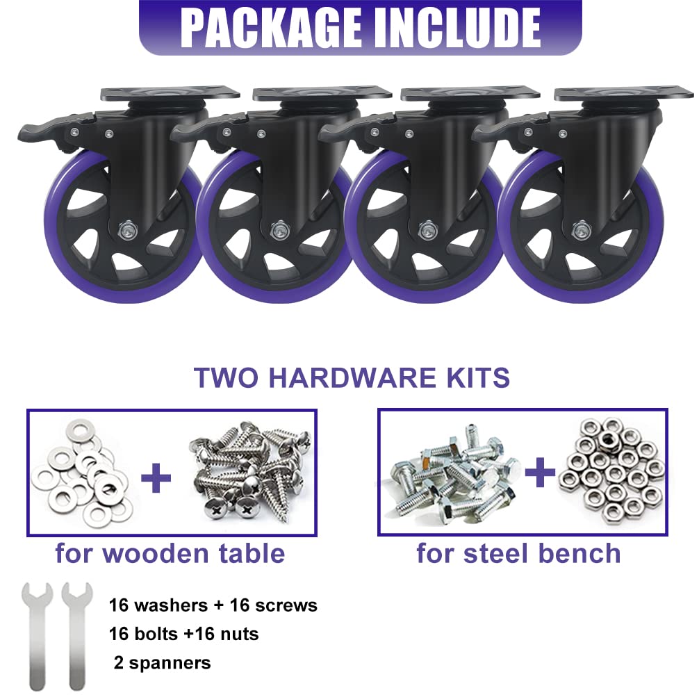 5 Inch Caster Wheels with Brake, Heavy Duty Casters Set of 4 2200lbs, Swivel Casters with Double Ball Bearings, Dual Locking Casters,Wheels for Cart,Furniture,Cabinets,Workbench (Two Hardware Kits