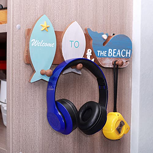 2-Pack Nautical Theme Hook Wall Mounted Wooden Coat Rack Key Hooks, Wooden Fish Welcome Key Holder for Wall with 3 Hooks Organizer, Welcome Door Wall Hook with Beach Nautical Decoration