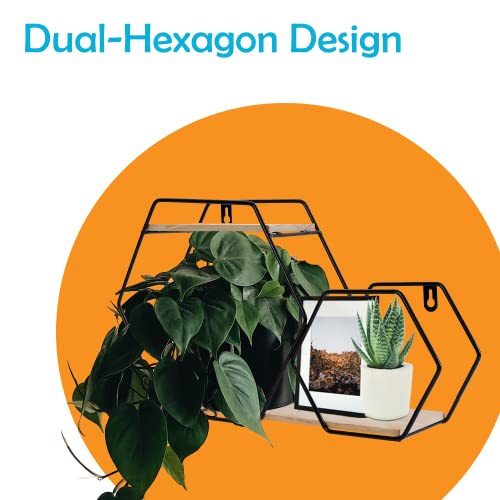 Houseables Hexagon Shelves, Wall Hanging, 16βx9βx4β, Small Wood, Black Iron, Metal Wire, Boho Geometric Honeycomb Shelf for Bathroom, Bedroom, Kitchen, Office, Storage, Plants, and Home Decor