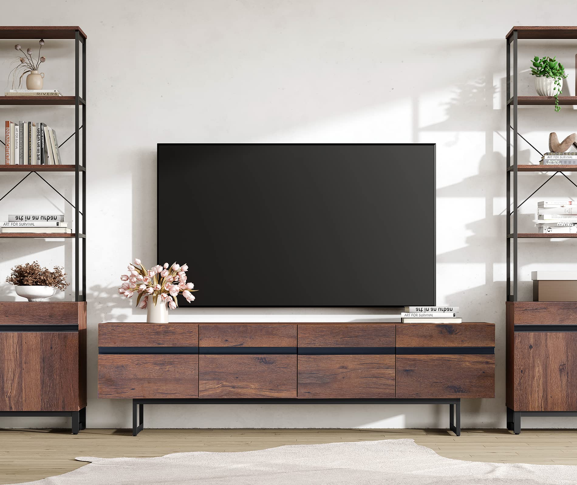 WAMPAT Modern TV Stand for up to 75 inch TV, Wood Entertainment Center TV Console Table with Storage Cabinets Media Console for Living Room, Brown