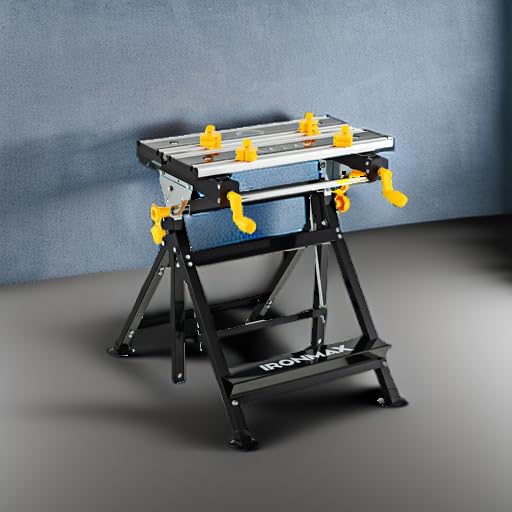IRONMAX Portable Workbench, Folding Work Table with 7-Level Height Adjustable, 8 Sliding Clamps and Reclining, Folding Workbench and Vise for Cutting, Saw, Paint