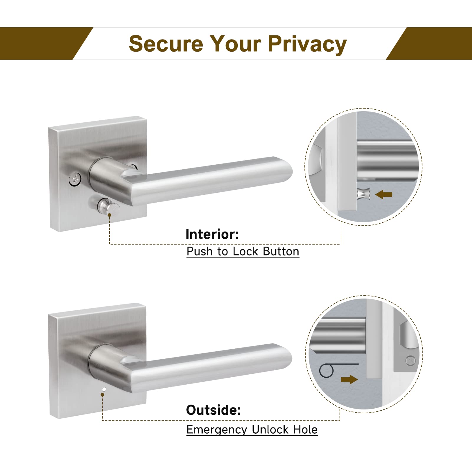 HOSOM 6 Pack Privacy Door Handles for Bedroom, Bathroom & More Interior Door Levers Keyless Reversible Square Door Locks, Satin Nickel
