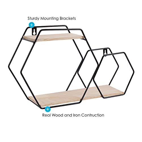 Houseables Hexagon Shelves, Wall Hanging, 16βx9βx4β, Small Wood, Black Iron, Metal Wire, Boho Geometric Honeycomb Shelf for Bathroom, Bedroom, Kitchen, Office, Storage, Plants, and Home Decor