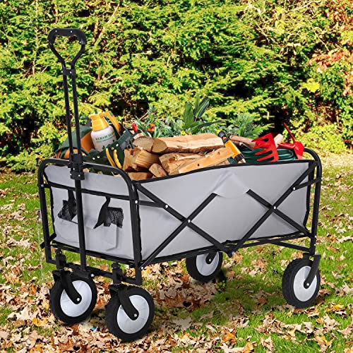 Utility Wagon Outdoor Collapsible Folding Wagon Cart, Portable Garden Cart - Heavy Duty Beach Cart with Adjustable Handles, All-Terrain Wheels and Cup Holders for Garden, Camping, Park Picnic (White)