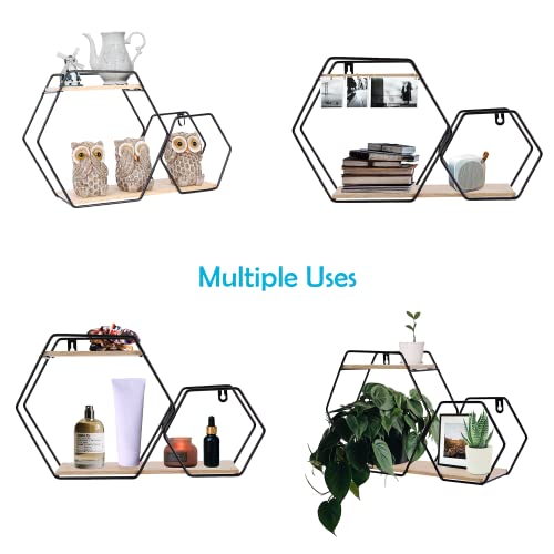 Houseables Hexagon Shelves, Wall Hanging, 16βx9βx4β, Small Wood, Black Iron, Metal Wire, Boho Geometric Honeycomb Shelf for Bathroom, Bedroom, Kitchen, Office, Storage, Plants, and Home Decor