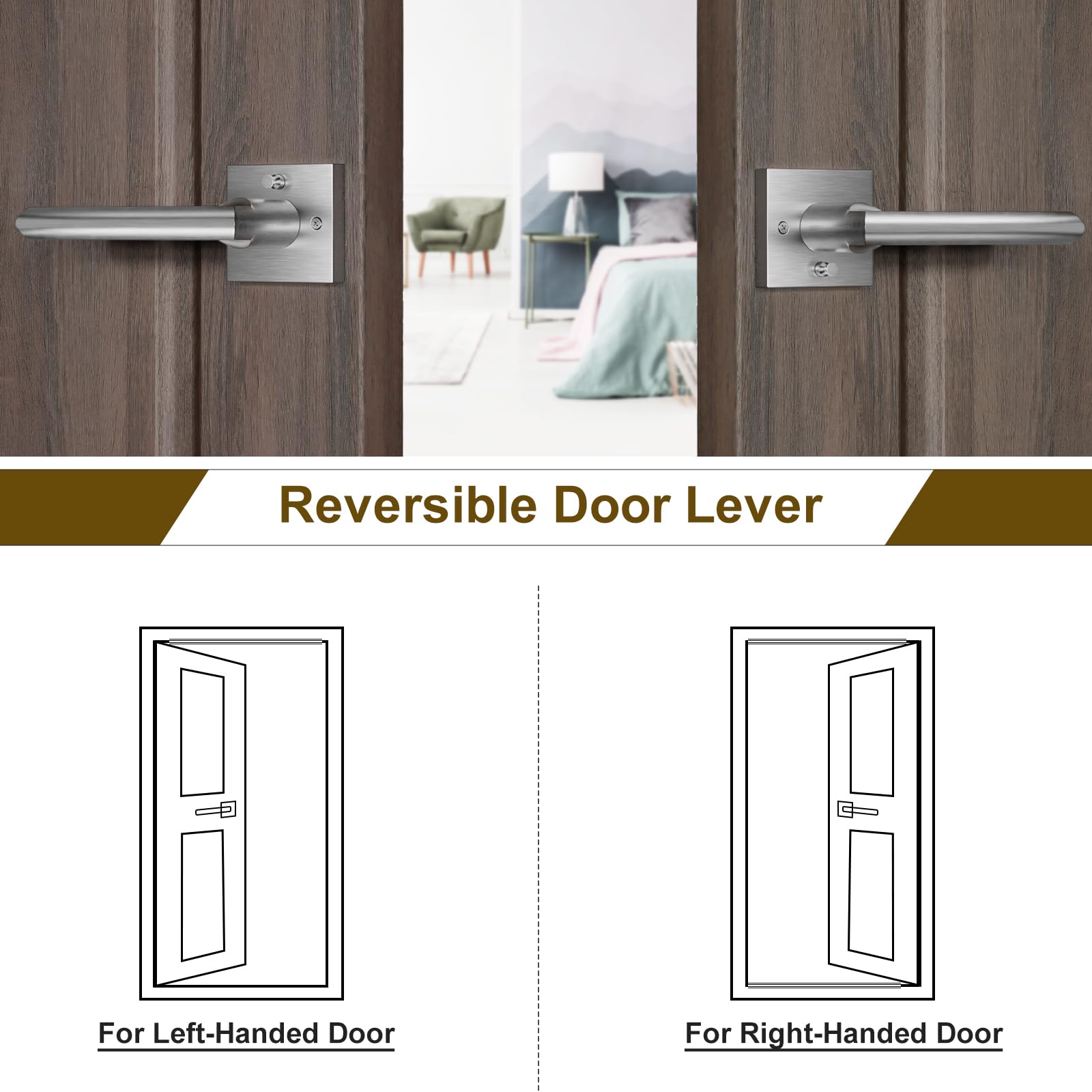 HOSOM 6 Pack Privacy Door Handles for Bedroom, Bathroom & More Interior Door Levers Keyless Reversible Square Door Locks, Satin Nickel