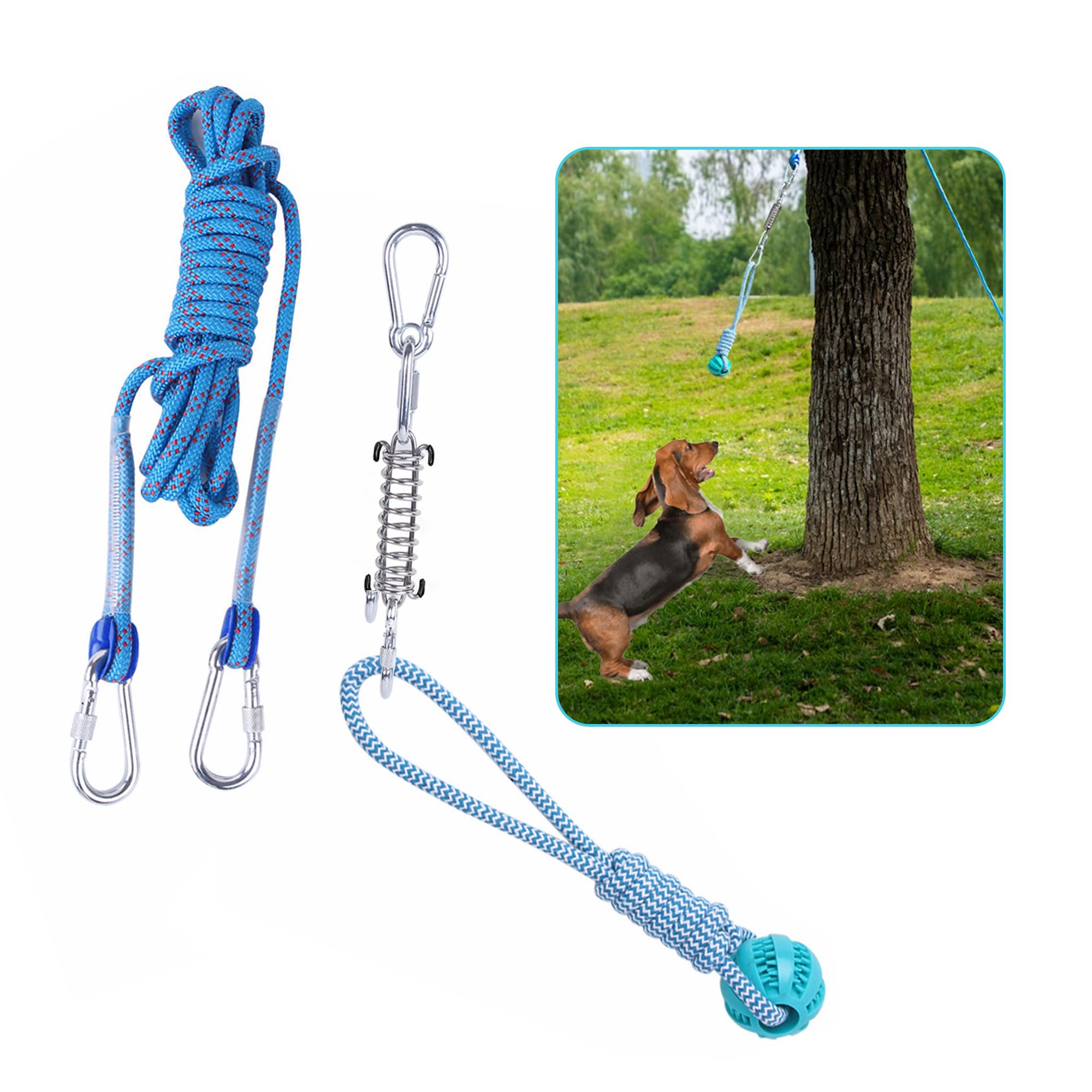 Bungee Dog Toy Set,Dog Outdoor Bungee Solo Hanging Toy,Tether Tug of War Dog Toys for Pitbull Medium/Large Aggressive Chewers to Muscle Build, Interactive Excise 16ft Spring Pole Rope with Chew Toys