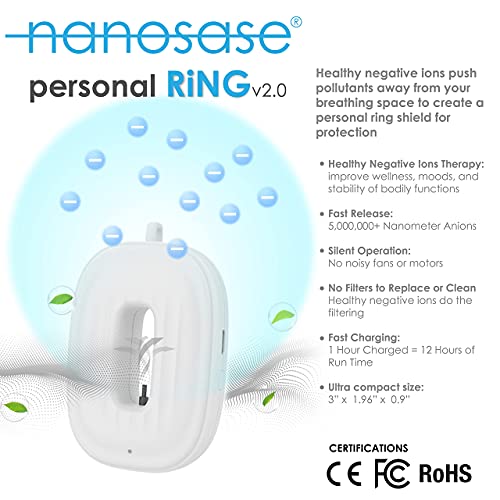 Nanosase ring personal air purifier necklace mini ionic wearable for Kids, Adults, healthy negative ion therapy, filterless mobile air ionizer by igozen. (White + Black, 2 Pack)