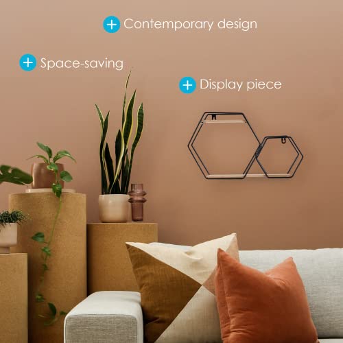 Houseables Hexagon Shelves, Wall Hanging, 16βx9βx4β, Small Wood, Black Iron, Metal Wire, Boho Geometric Honeycomb Shelf for Bathroom, Bedroom, Kitchen, Office, Storage, Plants, and Home Decor