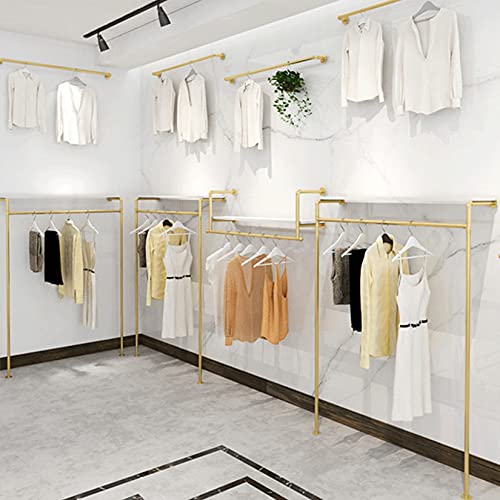 FURVOKIA Modern Simple Industrial Pipe and Wood Garment Rack,Wall Mounted Hanging Rods Clothing Rack,Retail Display Storage Clothes Hanging Shelves(Gold, 47.2" L)