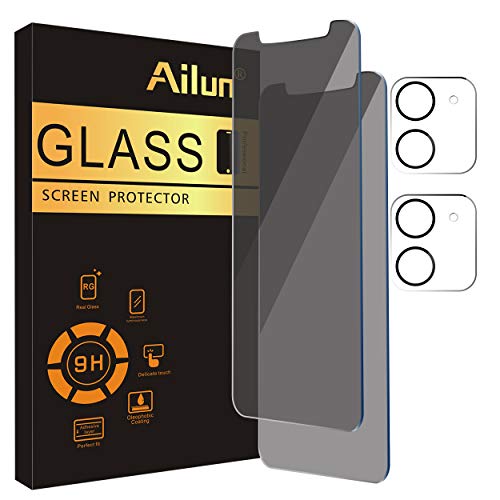Ailun 2Pack Privacy Screen Protector for iPhone 12[6.1 inch] + 2 Pack Camera Lens Protector, Anti Spy Private Tempered Glass Film,[9H Hardness] - HD [Black]