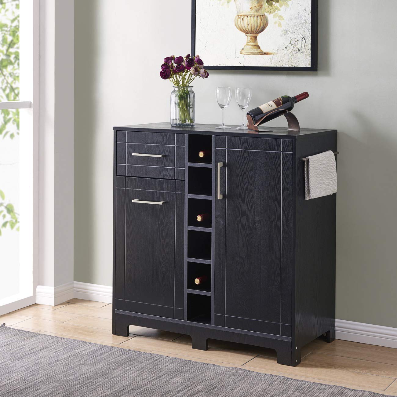 BELLEZE Wine Cabinet with Drawers, Storage Shelves and 6-Bottle Wine Rack, Sideboard Buffet, Coffee Bar, Cupboard for Dining Room, Kitchen, Living Room -Vietti (Light Black)