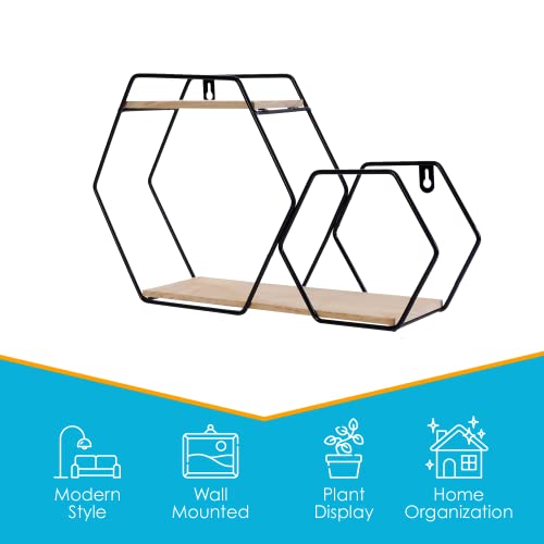 Houseables Hexagon Shelves, Wall Hanging, 16βx9βx4β, Small Wood, Black Iron, Metal Wire, Boho Geometric Honeycomb Shelf for Bathroom, Bedroom, Kitchen, Office, Storage, Plants, and Home Decor