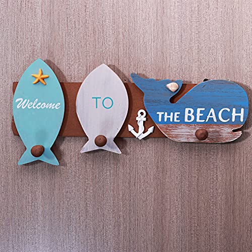 2-Pack Nautical Theme Hook Wall Mounted Wooden Coat Rack Key Hooks, Wooden Fish Welcome Key Holder for Wall with 3 Hooks Organizer, Welcome Door Wall Hook with Beach Nautical Decoration