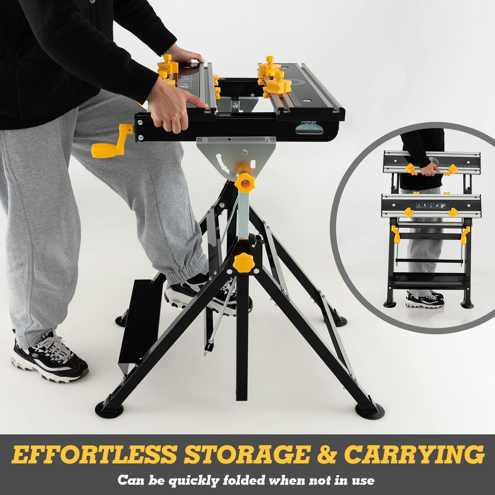 IRONMAX Portable Workbench, Folding Work Table with 7-Level Height Adjustable, 8 Sliding Clamps and Reclining, Folding Workbench and Vise for Cutting, Saw, Paint