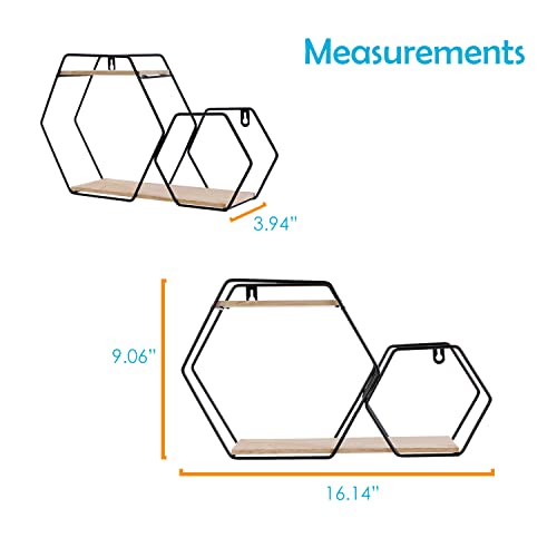 Houseables Hexagon Shelves, Wall Hanging, 16βx9βx4β, Small Wood, Black Iron, Metal Wire, Boho Geometric Honeycomb Shelf for Bathroom, Bedroom, Kitchen, Office, Storage, Plants, and Home Decor