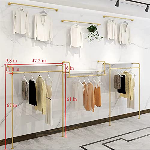 FURVOKIA Modern Simple Industrial Pipe and Wood Garment Rack,Wall Mounted Hanging Rods Clothing Rack,Retail Display Storage Clothes Hanging Shelves(Gold, 47.2" L)