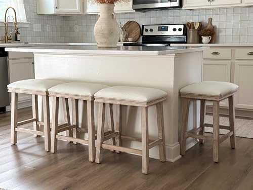 Erste!Bravo White Solid Wood Bar Stools Set of 2 for Kitchen Counter Counter Height Coastal Barstools with Faux Leather Farmhouse Upholstered Stools for 34"-38" Island, Creamy White Cushion, Wood Legs