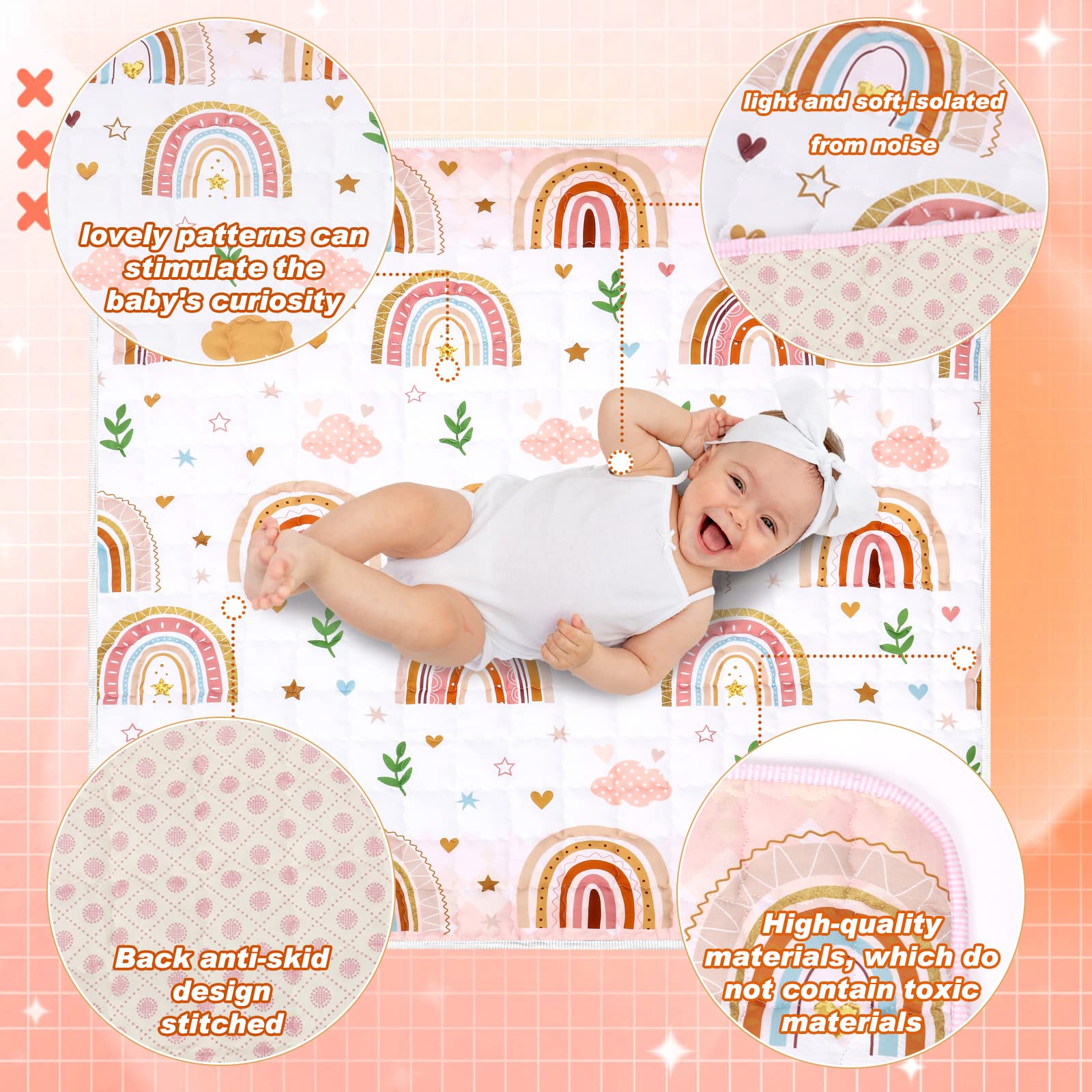 Boho Rainbow Baby Play Mat Portable 43 x 43 Inch Crawling Mat Washable Non Slip Foldable Tummy Time Mat Kids Floor Mat Playpen Mat for Babies Infants Toddlers Floor Playpen Tummy Time Activity