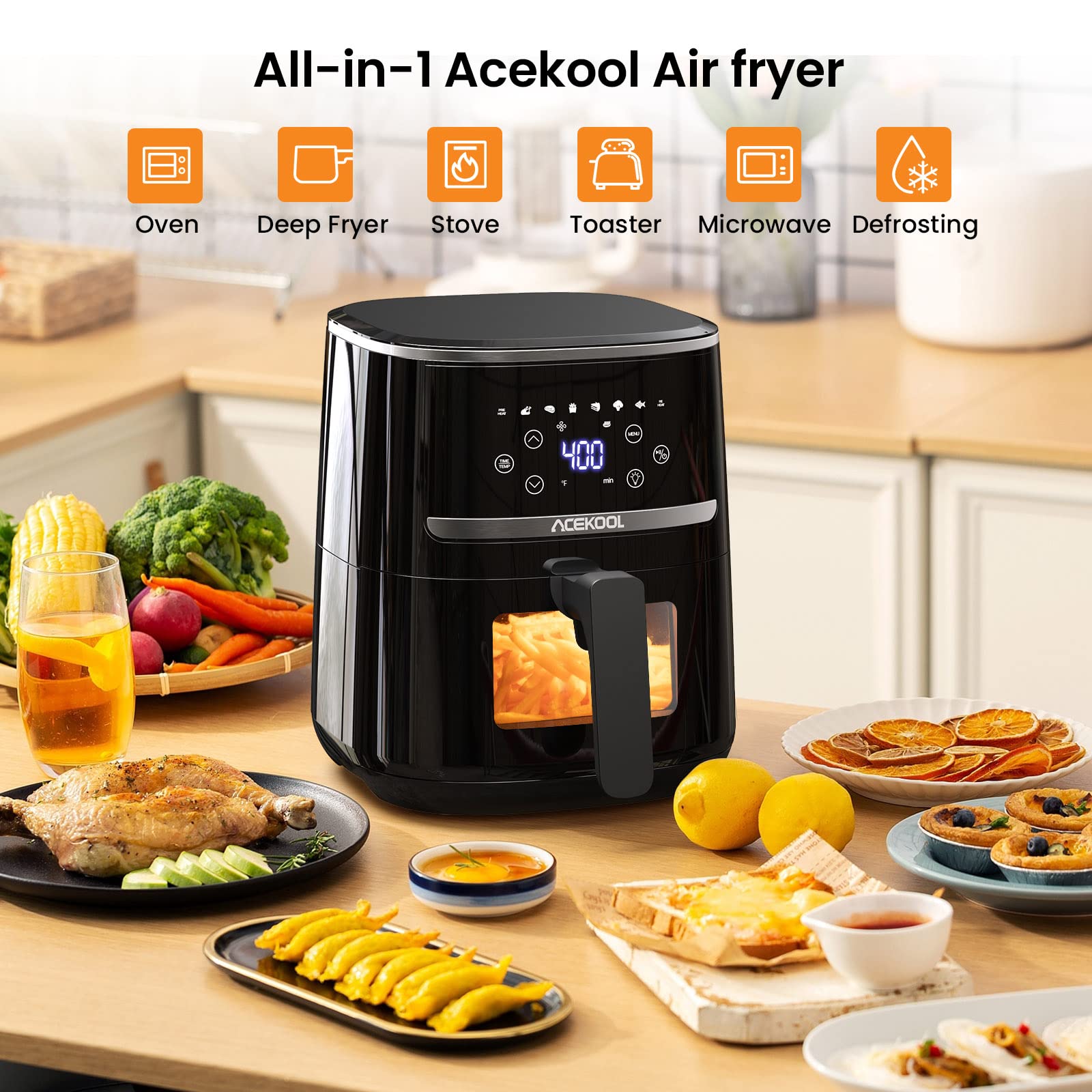 Air Fryer 5 Quart, Digital Display Air Fryer Toaster Oven Combo with 8 Cooking Presets Oilless Cooker for Quick Meal, Visible Window, UP to 400℉, Dishwasher Safe Basket, Nonstick Silicone Liner, Timer