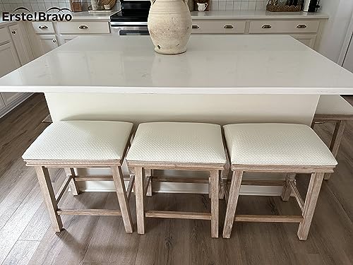 Erste!Bravo White Solid Wood Bar Stools Set of 2 for Kitchen Counter Counter Height Coastal Barstools with Faux Leather Farmhouse Upholstered Stools for 34"-38" Island, Creamy White Cushion, Wood Legs