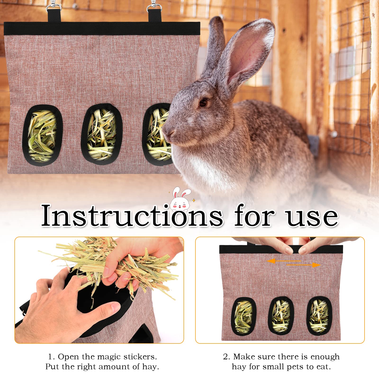 Bunny Hay Feeder Bag，Rabbit Hay Feeder Bag for Cage Guinea Pig Timothy Hay Dispenser Storage Manger Hanging Large Less Waste for Bunny (Light coffee color)