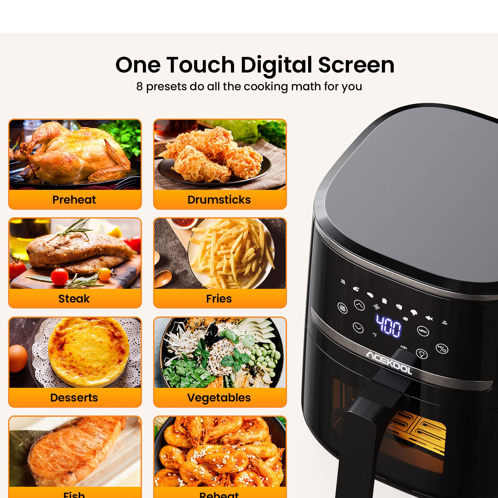 Air Fryer 5 Quart, Digital Display Air Fryer Toaster Oven Combo with 8 Cooking Presets Oilless Cooker for Quick Meal, Visible Window, UP to 400℉, Dishwasher Safe Basket, Nonstick Silicone Liner, Timer