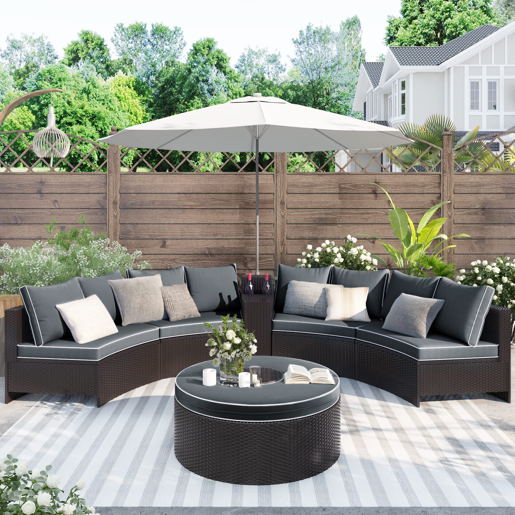 KLMM 6 Pieces Outdoor Sectional Conversation Set,Patio Half Round PE Wicker Furniture Sofa Set with 1 Storage Side Table for Umbrella,for Porch Lawn Garden Backyard Poolside