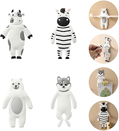 SUBIAOY Adhesive Wall Hooks-4PCS Cute Animal Decorative Wall Hooks Reusable Waterproof Self Adhesive Hooks Bear Cow Dog Zebra Sticker Refrigerator Gifts Can Washed Home Decoration Wall Hook