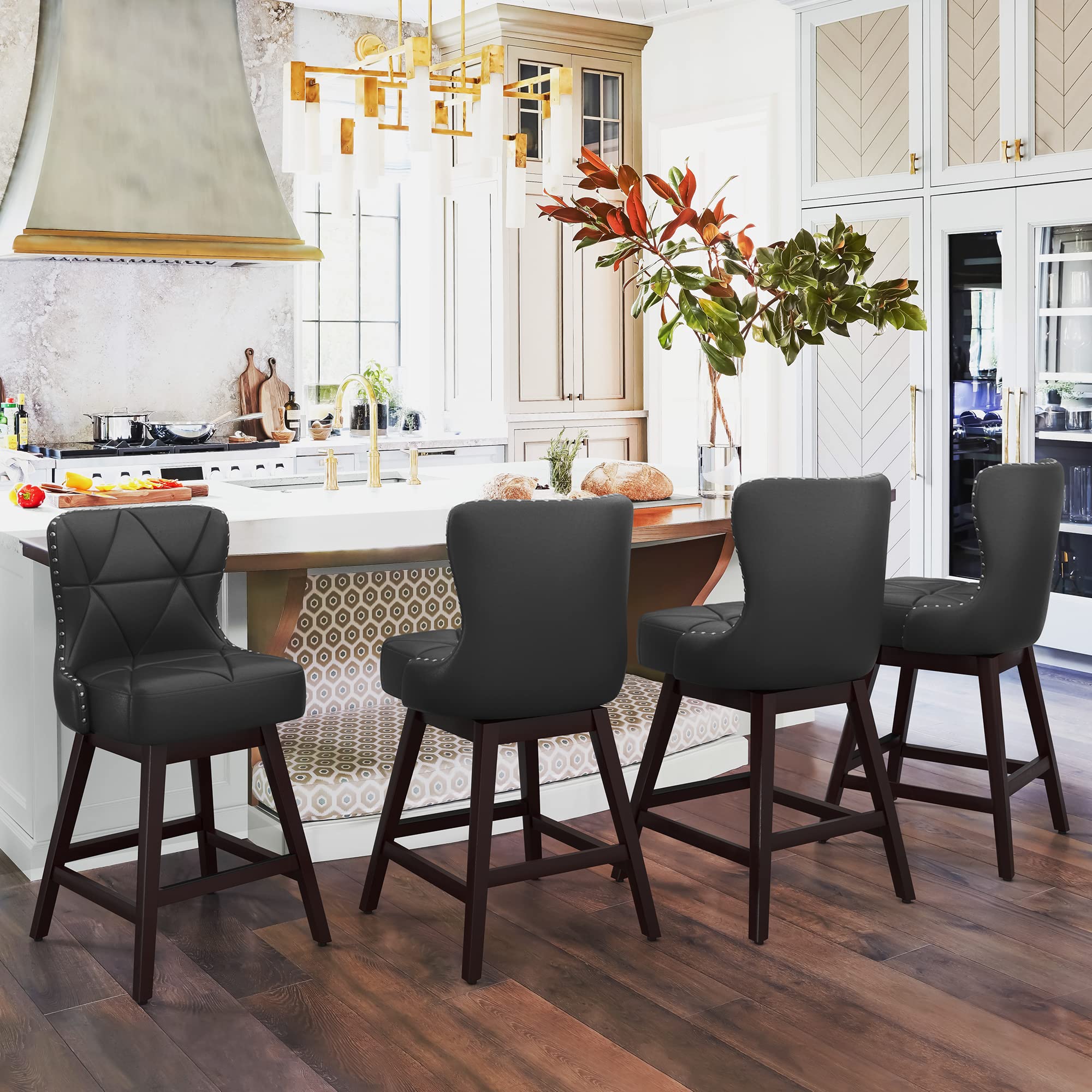 Cozyman Counter Height Bar Stools Set of 2, 26" H Swivel Bar Stool with Back, Faux Leather Counter Stool, Solid Wood Legs, Retro Upholstered Barstools for Kitchen Island, Home Bar, Pub, Black
