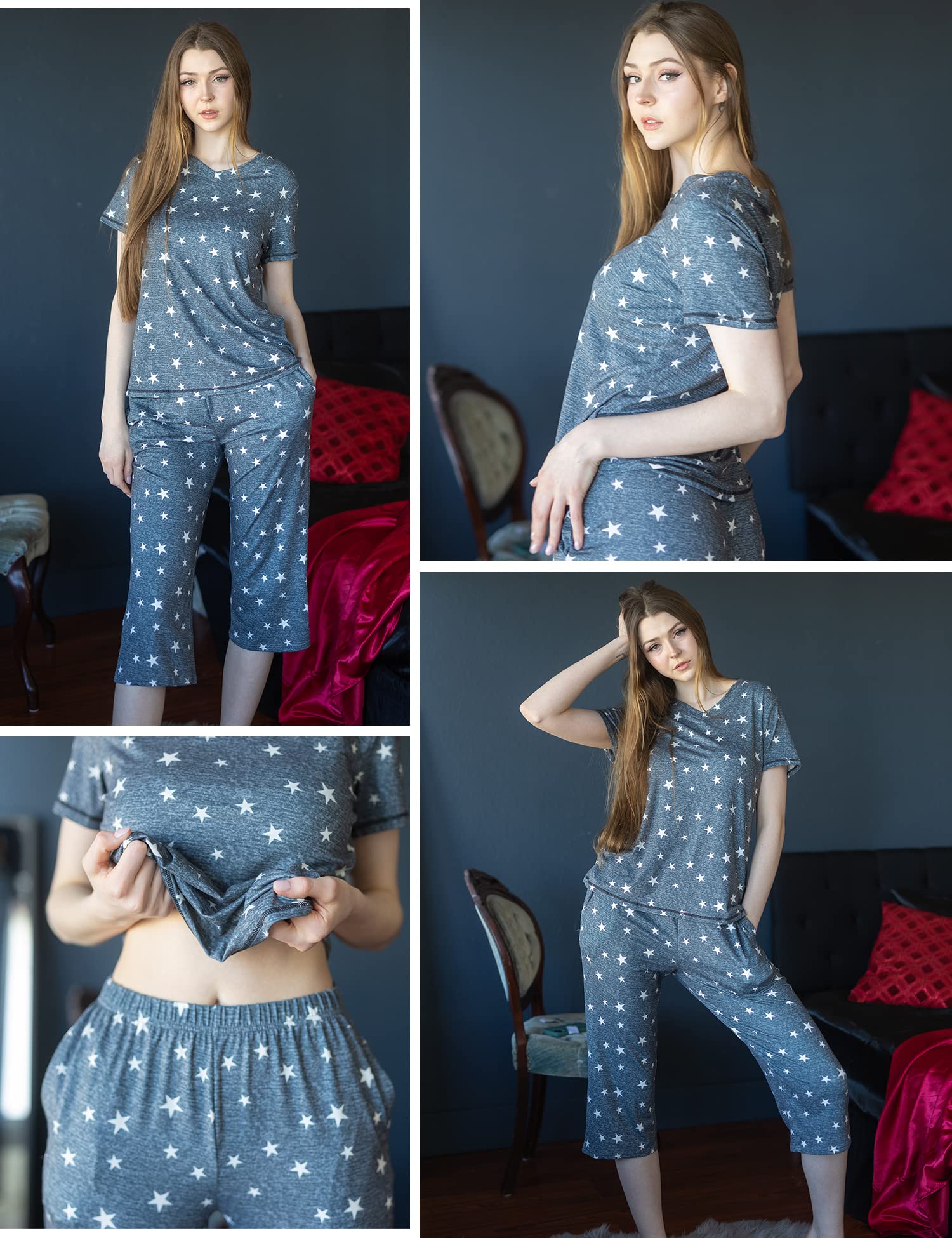 Ekouaer Women's Sleepwear Capri Pajama Sets Short Sleeve Two-Piece Pjs V Neck Tops & Capri Pants with Pockets S-3XL