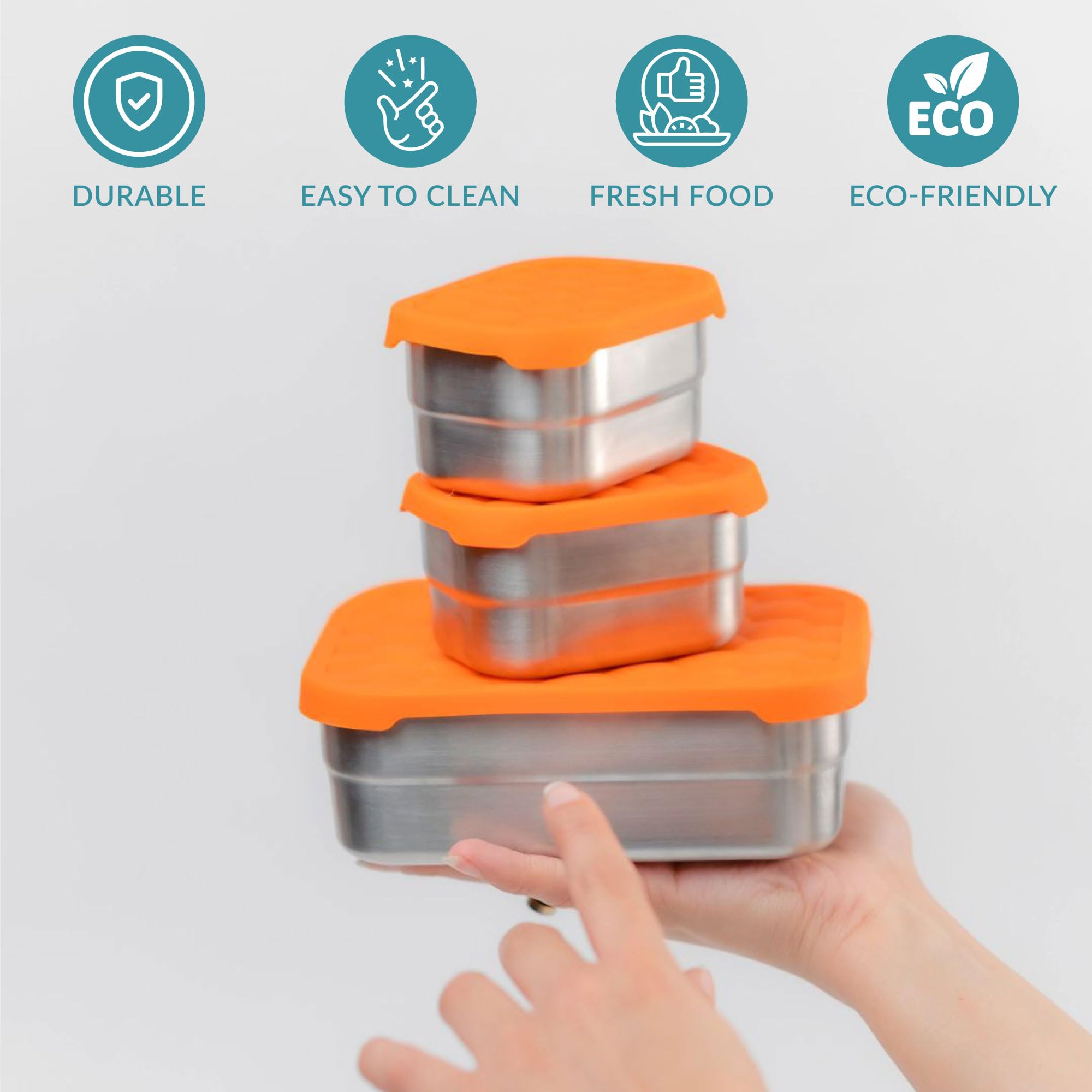 Kichenly Stainless Steel Lunch Box Containers with Silicone Lids – One 25oz and Two 8oz Containers Set – Lunch Box for Kids, Toddler Snack Containers – Perfect for School (Orange)