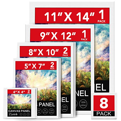 ESRICH Canvases for Painting 8Pack Canvas Panels with 8x10,5x7,4x4(2 of Each) and 11x14,9x12(1 of Each),Painting Canvas for Acrylic Paint,Oil Paint,Watercolor,Gouache and Tempera,Pouring.