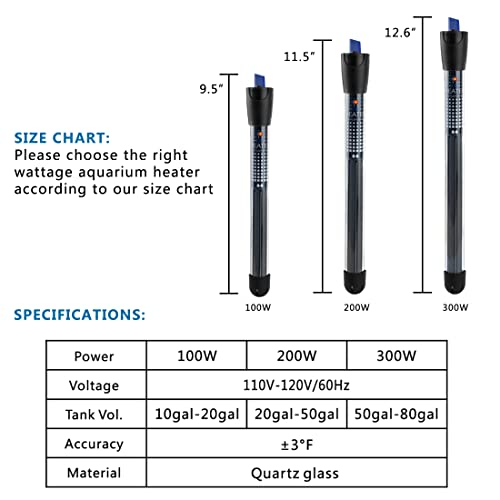 DOMICA 100W Submersible Aquarium Heater, Adjustable Fish Tank Heater, Suction Cups and Free Thermometer Suitable for Marine Saltwater and Freshwater