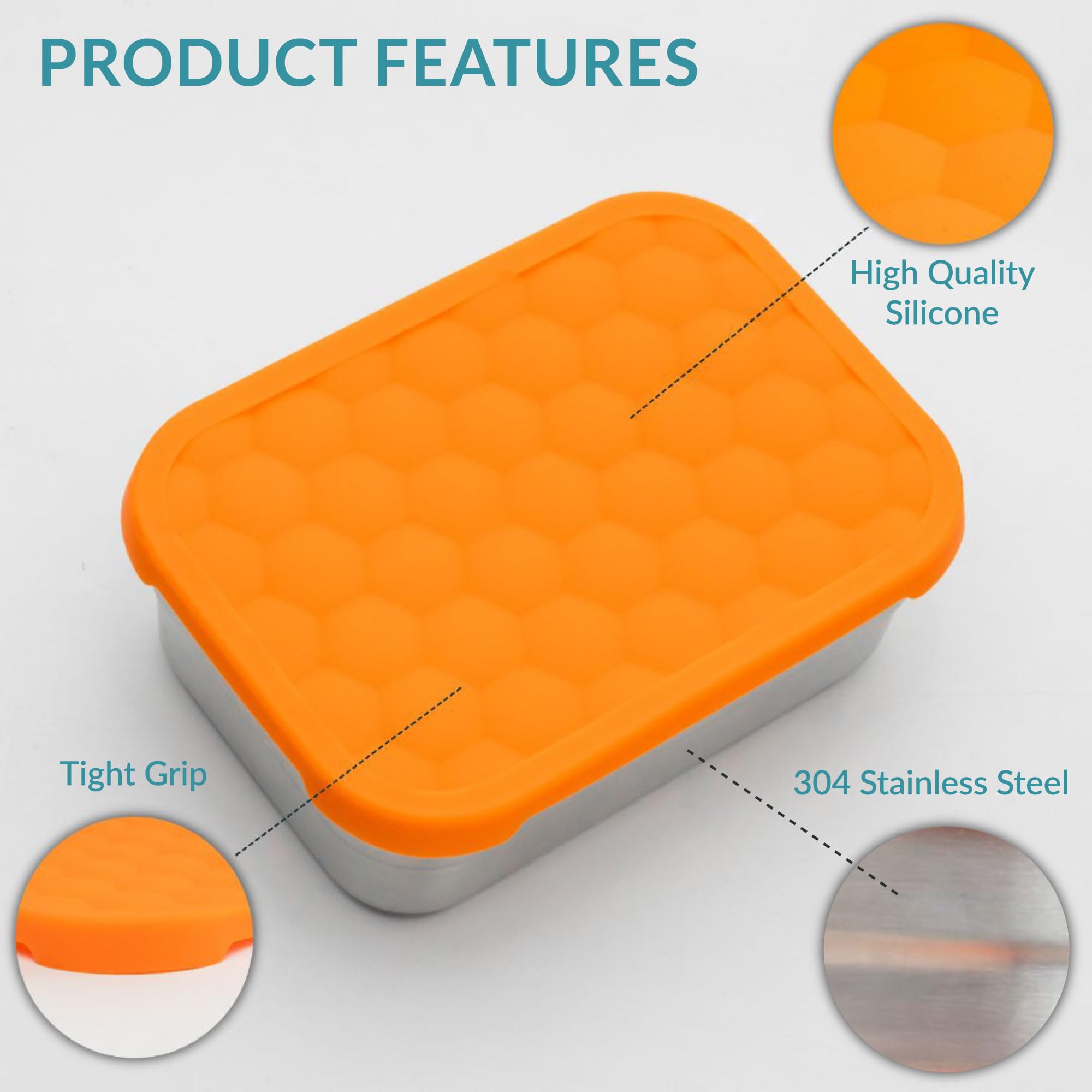 Kichenly Stainless Steel Lunch Box Containers with Silicone Lids – One 25oz and Two 8oz Containers Set – Lunch Box for Kids, Toddler Snack Containers – Perfect for School (Orange)