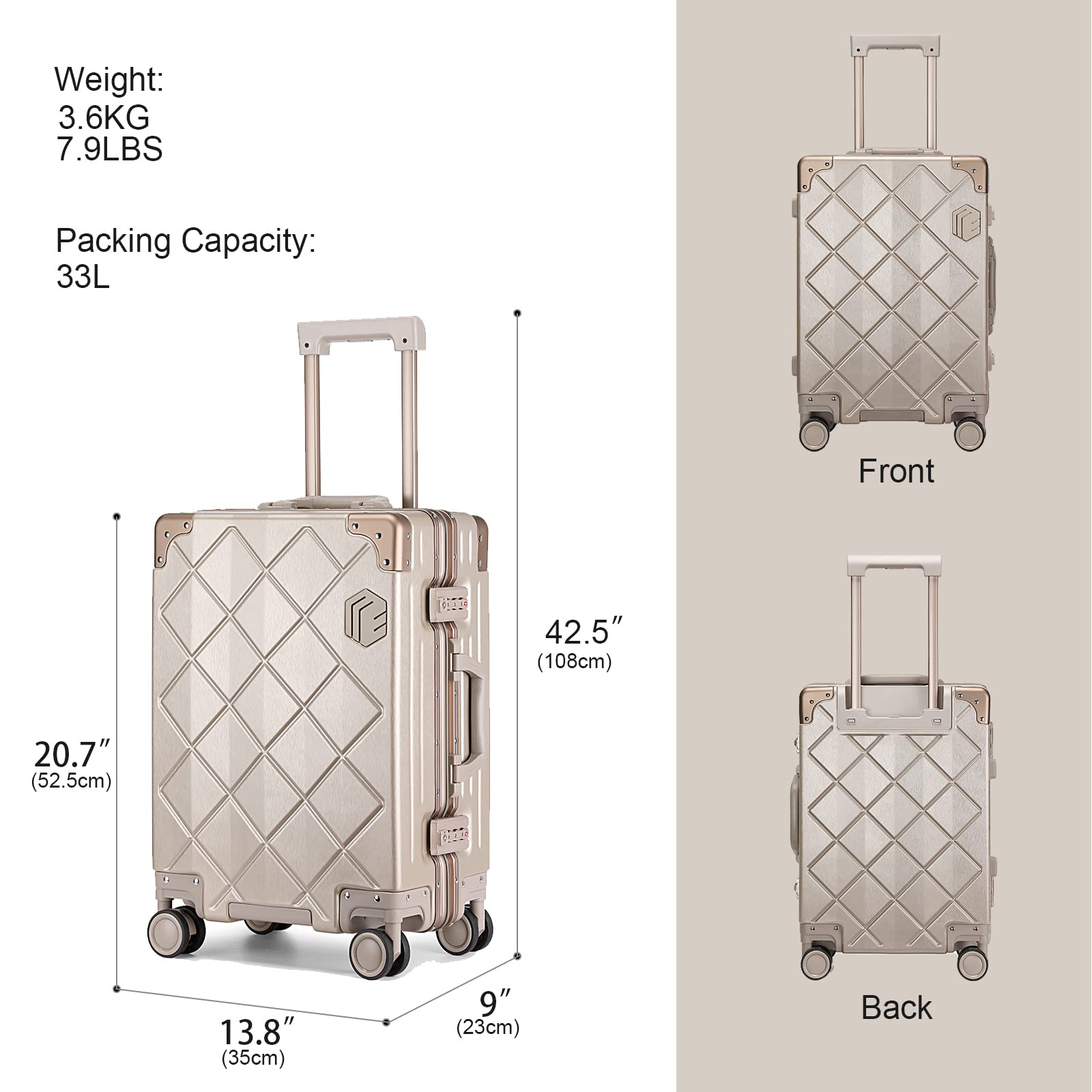 Somago Carry On Luggage with Spinner Wheels 20in Lightweight Suitcase Built in TSA Aluminum Frame PC Hardside Rolling Suitcases Travel Case (Titanium Gold)
