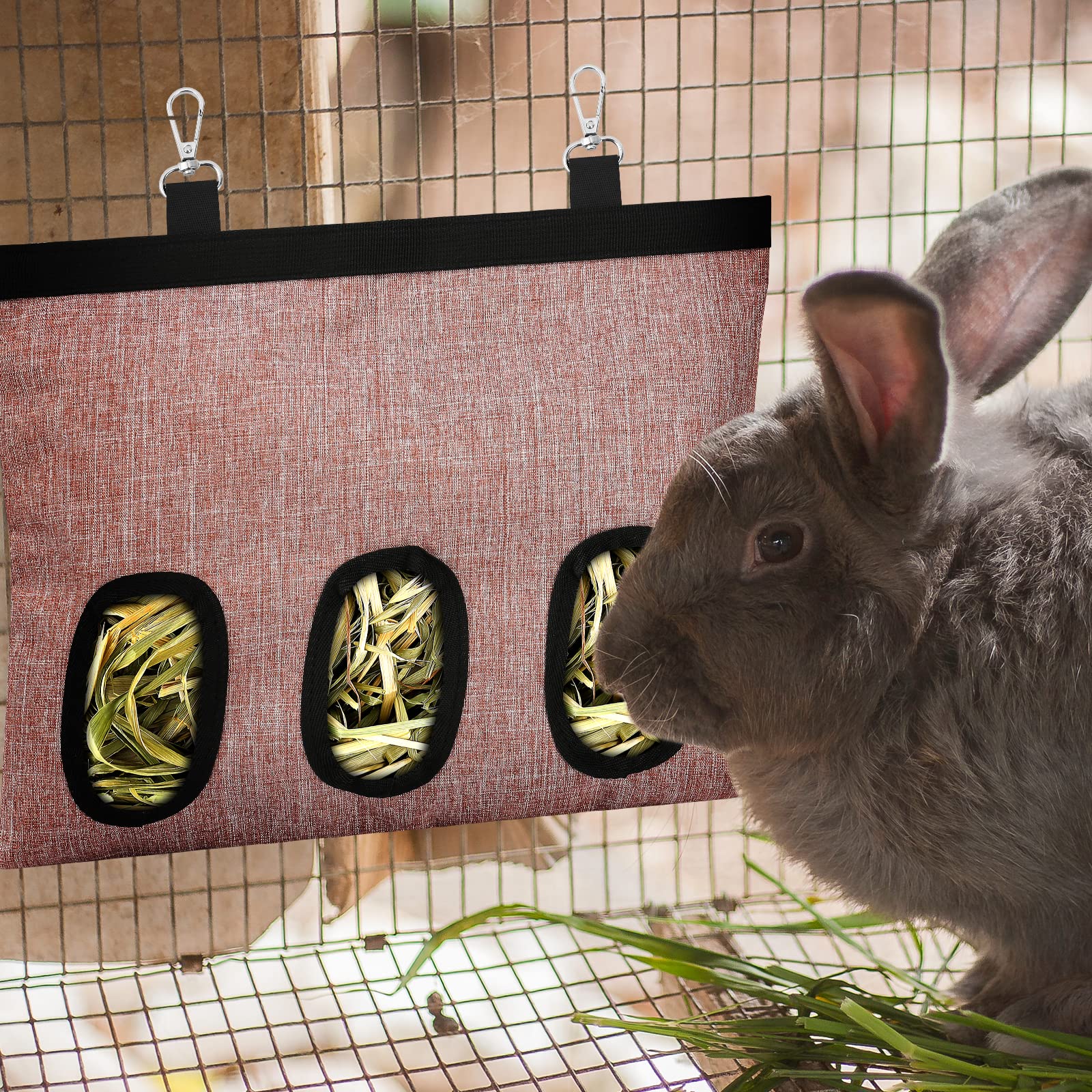 Bunny Hay Feeder Bag，Rabbit Hay Feeder Bag for Cage Guinea Pig Timothy Hay Dispenser Storage Manger Hanging Large Less Waste for Bunny (Light coffee color)