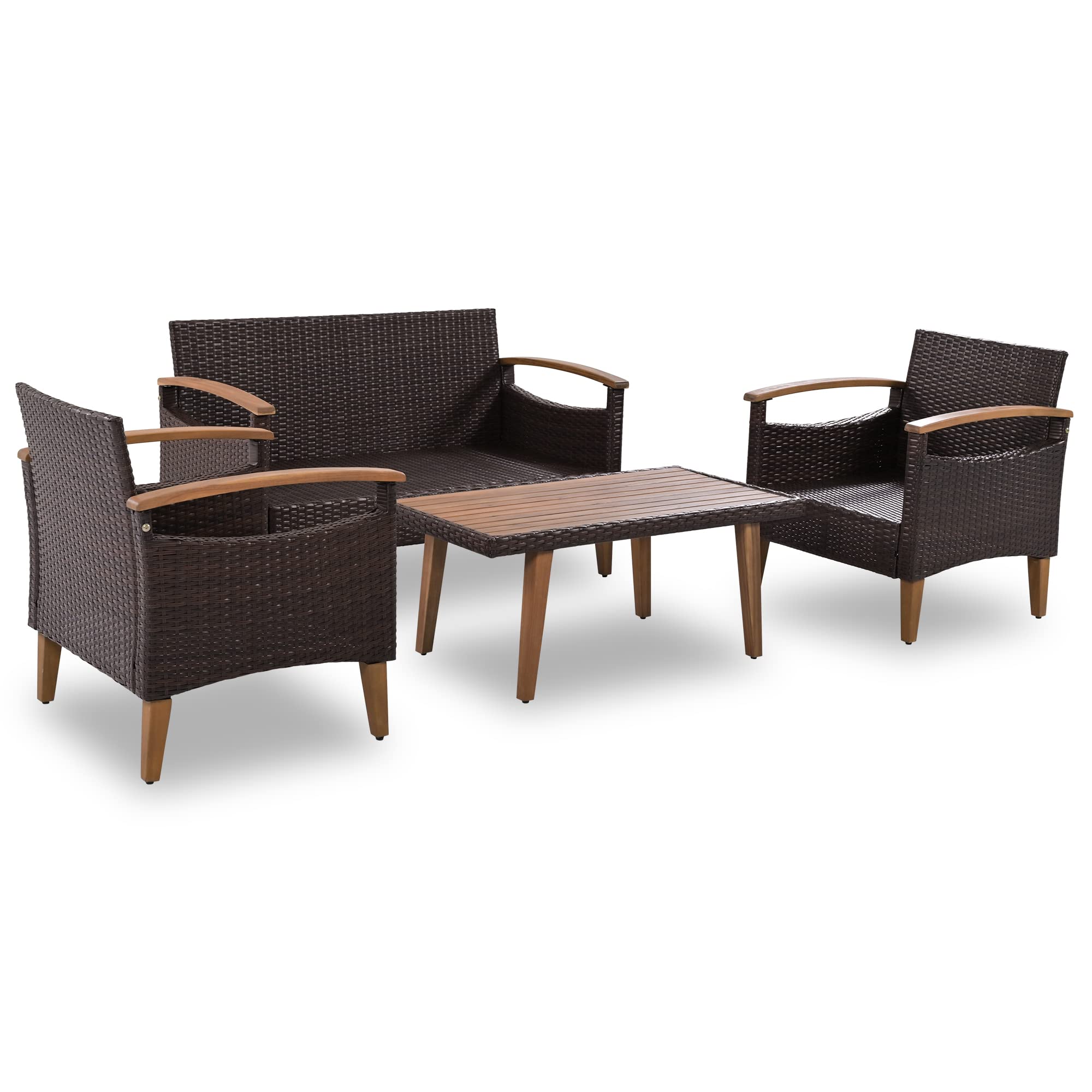 Hlcodca 4 Piece Wicker Patio Conversation Furniture Set,PE Rattan Patio Seating Set with Acacia Wood Tabletop and Legs, Outdoor Sofa Set for Balcony, Porch, Backyard (Brown and Blue/)