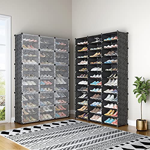 KOUSI Portable Shoe Rack Organizer 72 Pair Tower Shelf Storage Cabinet Stand Expandable for Heels, Boots, Slippers, Transparent Door