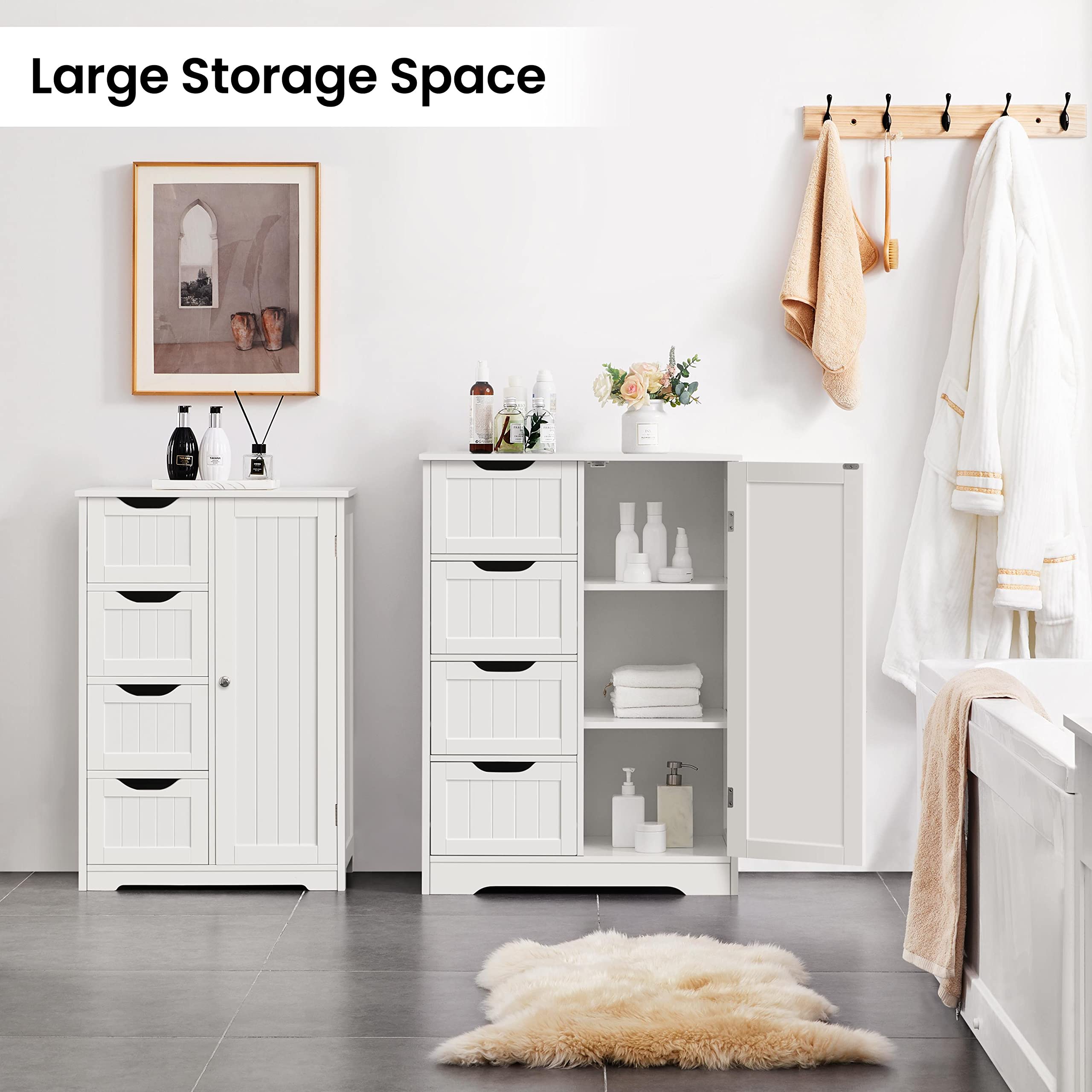 Yaheetech Large Bathroom Floor Cabinet with 4 Dawers and Single Door Cabinet, Freestanding Storage Cabinet Organizer for Bathroom Living Room Hallway, White, 26 x 14 x 35.5 in