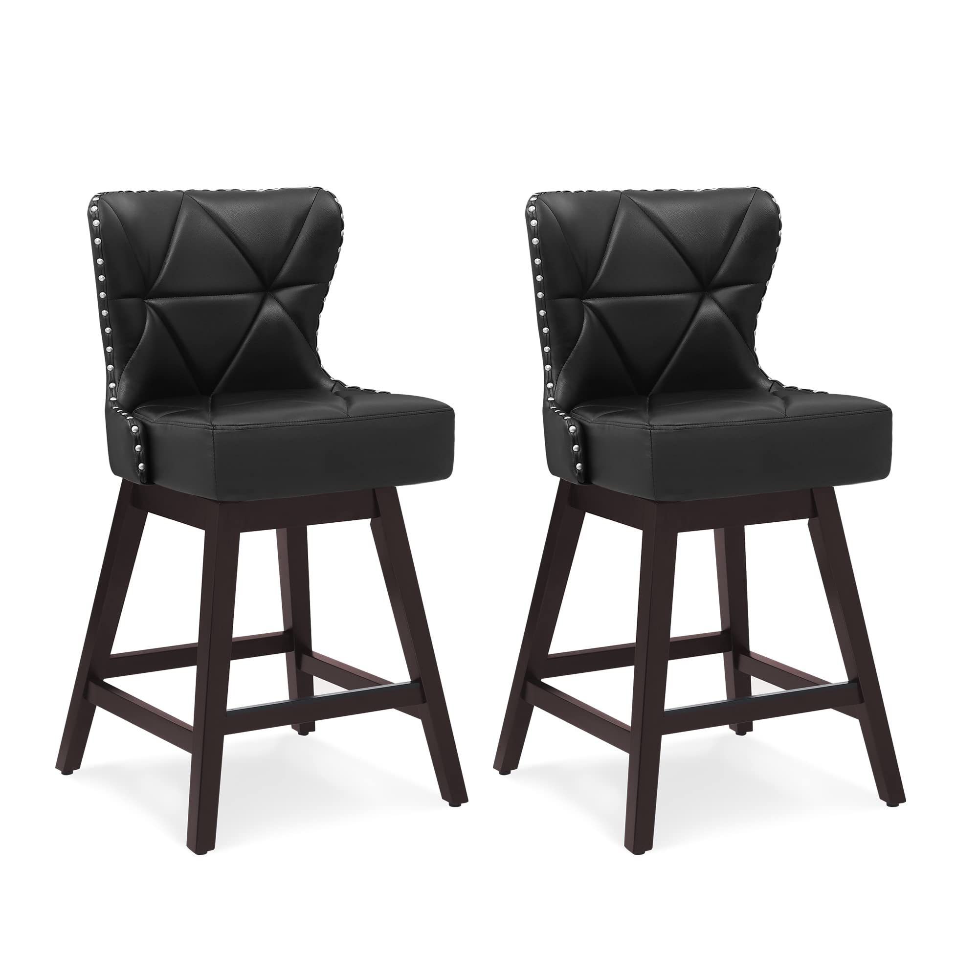 Cozyman Counter Height Bar Stools Set of 2, 26" H Swivel Bar Stool with Back, Faux Leather Counter Stool, Solid Wood Legs, Retro Upholstered Barstools for Kitchen Island, Home Bar, Pub, Black